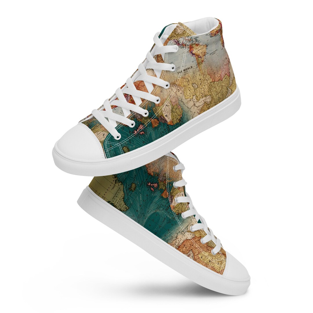 World Map Printed Canvas Shoes, Lace up High Top Womens Sneakers ...