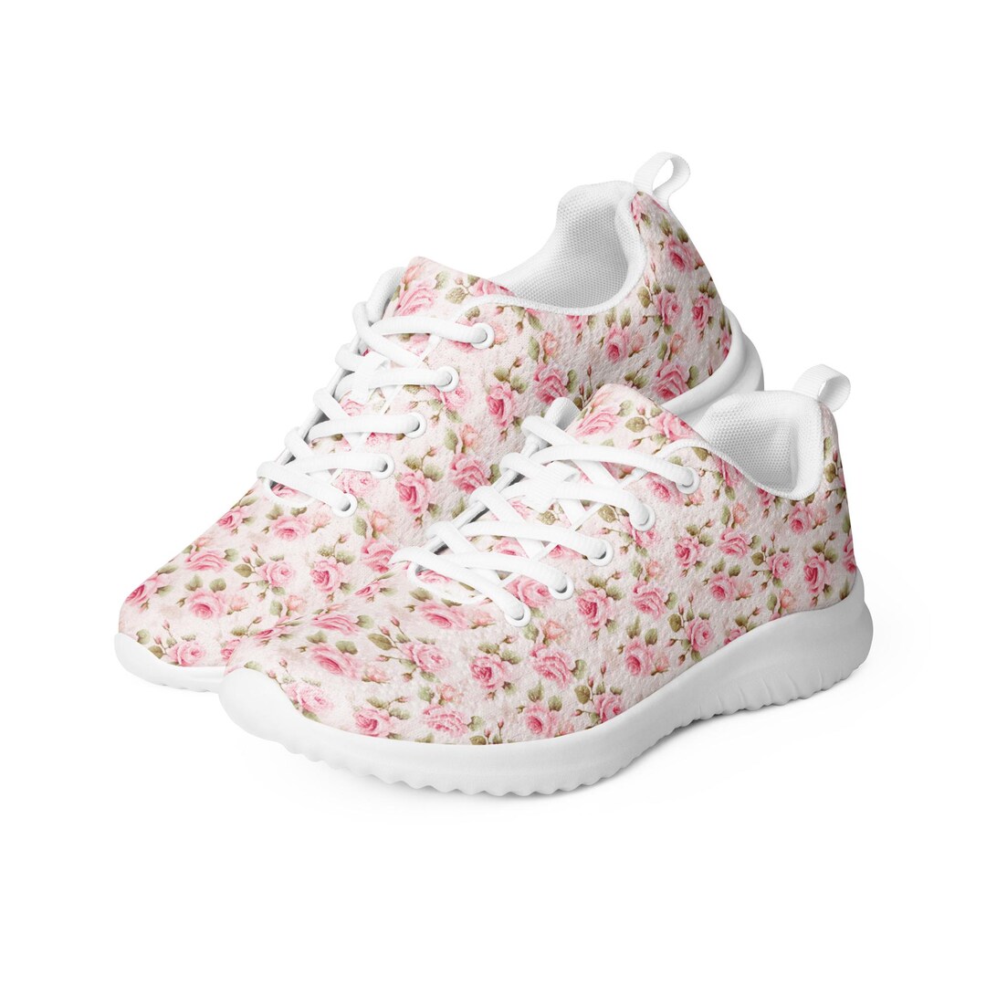 Pastel Pink Roses Printed Mens Athletic Shoes, Floral All Over Print ...