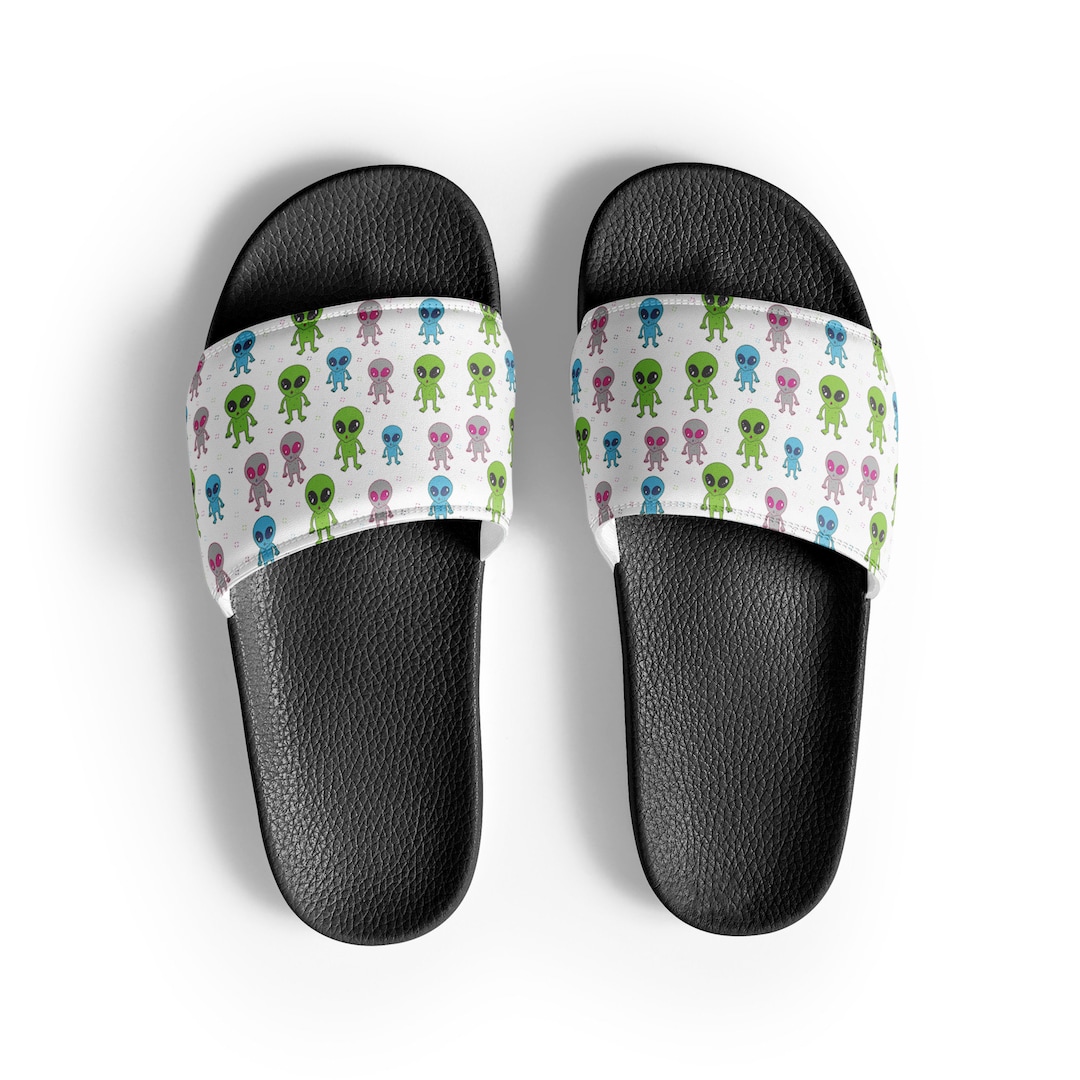 Alien Sci Fi Printed Slide Sandals, UFO Aliens AOP Beach Sandals ...