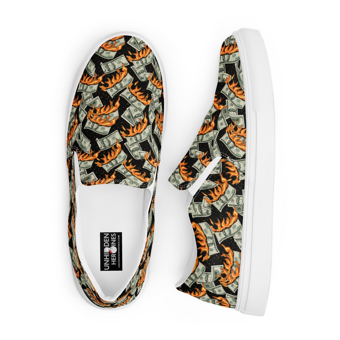 Flaming Currency Money Benjamins Canvas Shoes Women, Fire Flames Comfy ...
