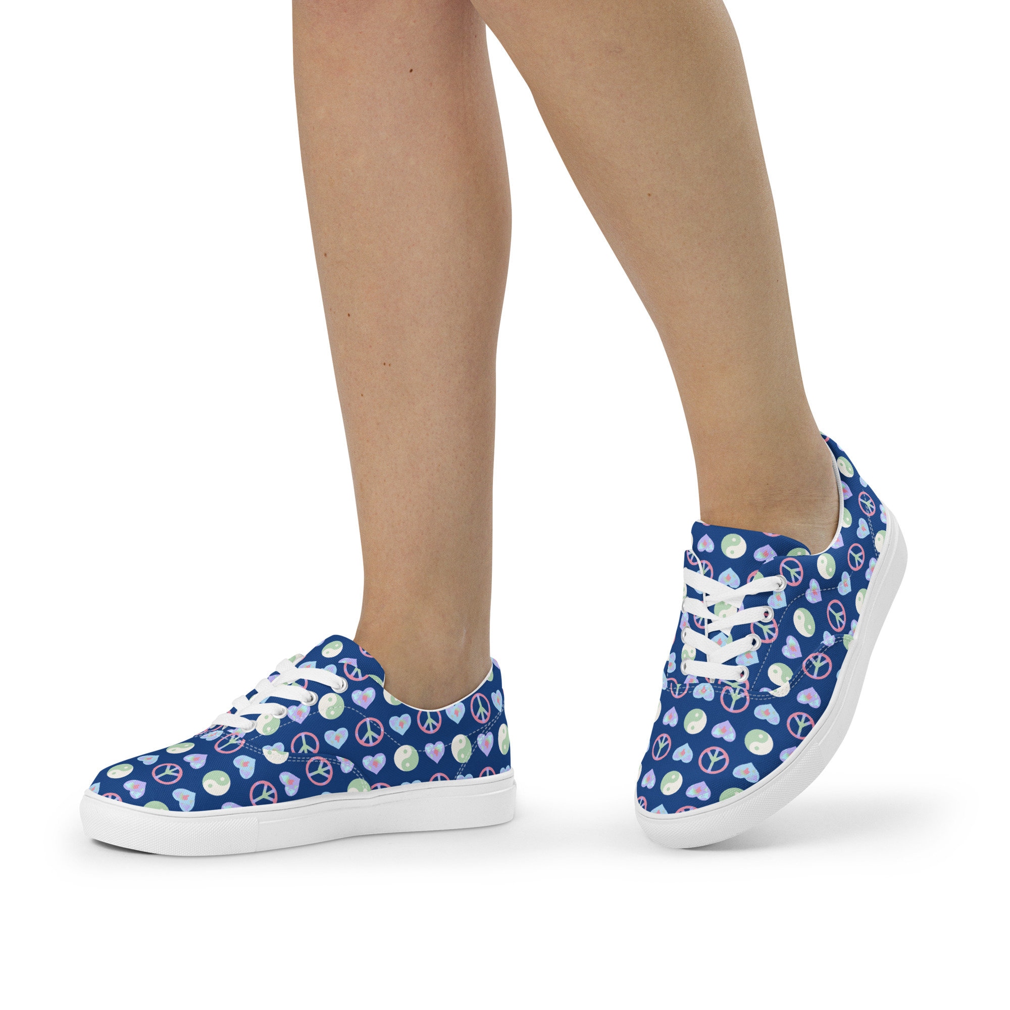 World Map Hearts Peace Signs Printed Lace-up Sneakers Women, Low-top ...