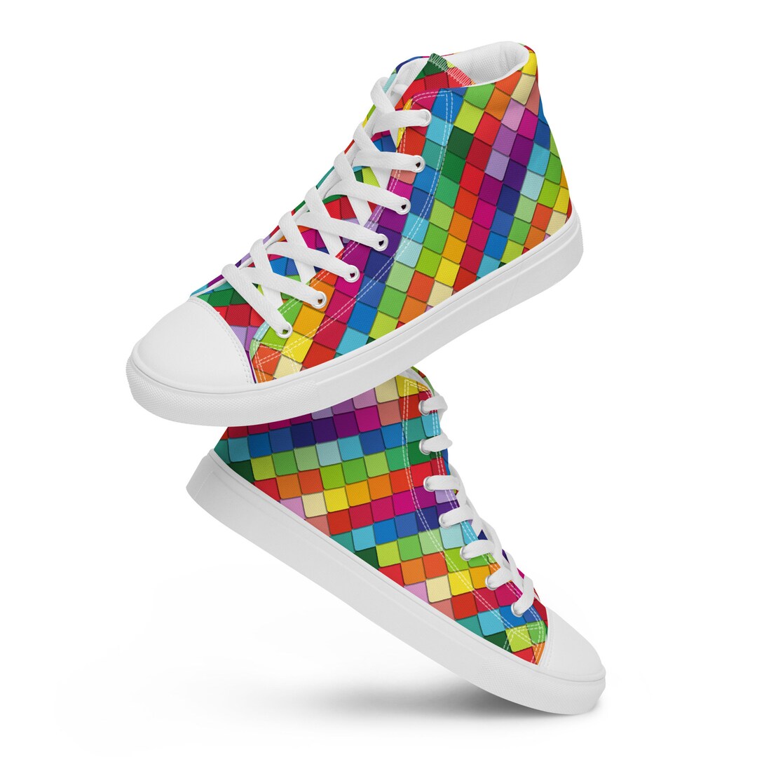 Women's Rainbow Checkered Pride Flag Sneakers, Lace up High Top Canvas ...