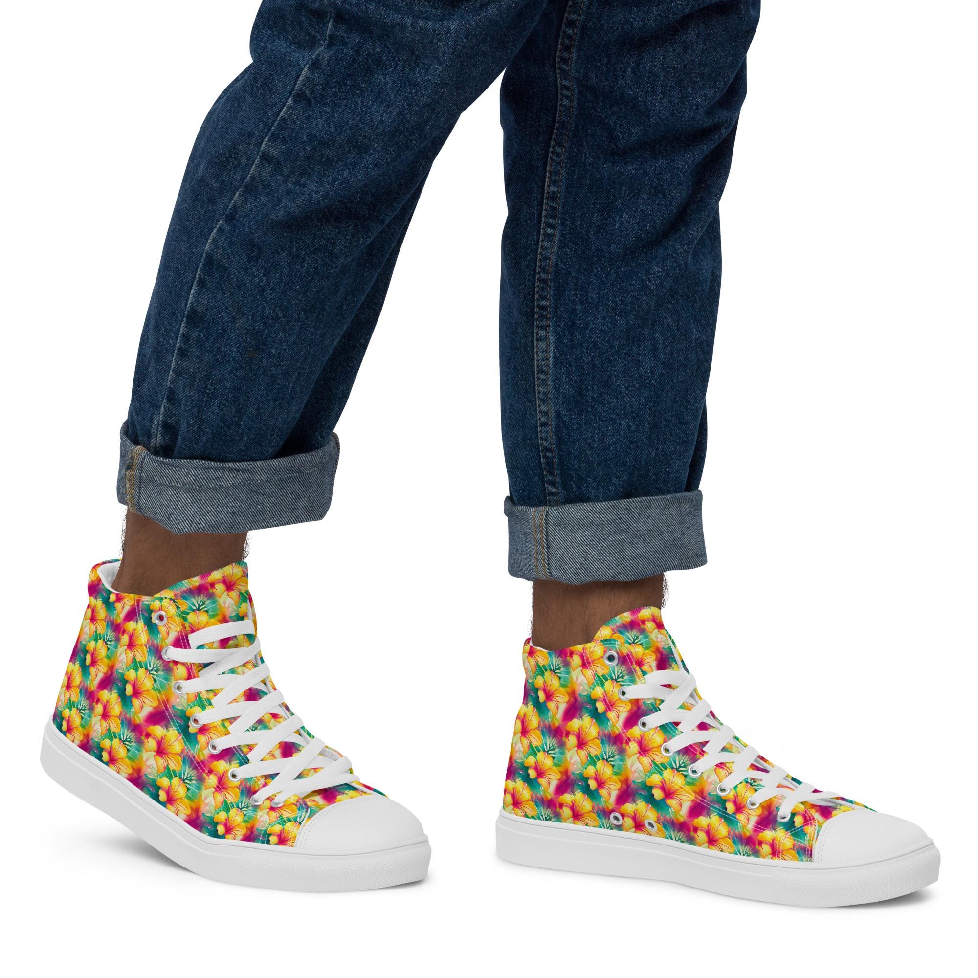 Hawaiian Flowers Printed Men's High-top Canvas Shoes, Botanical ...