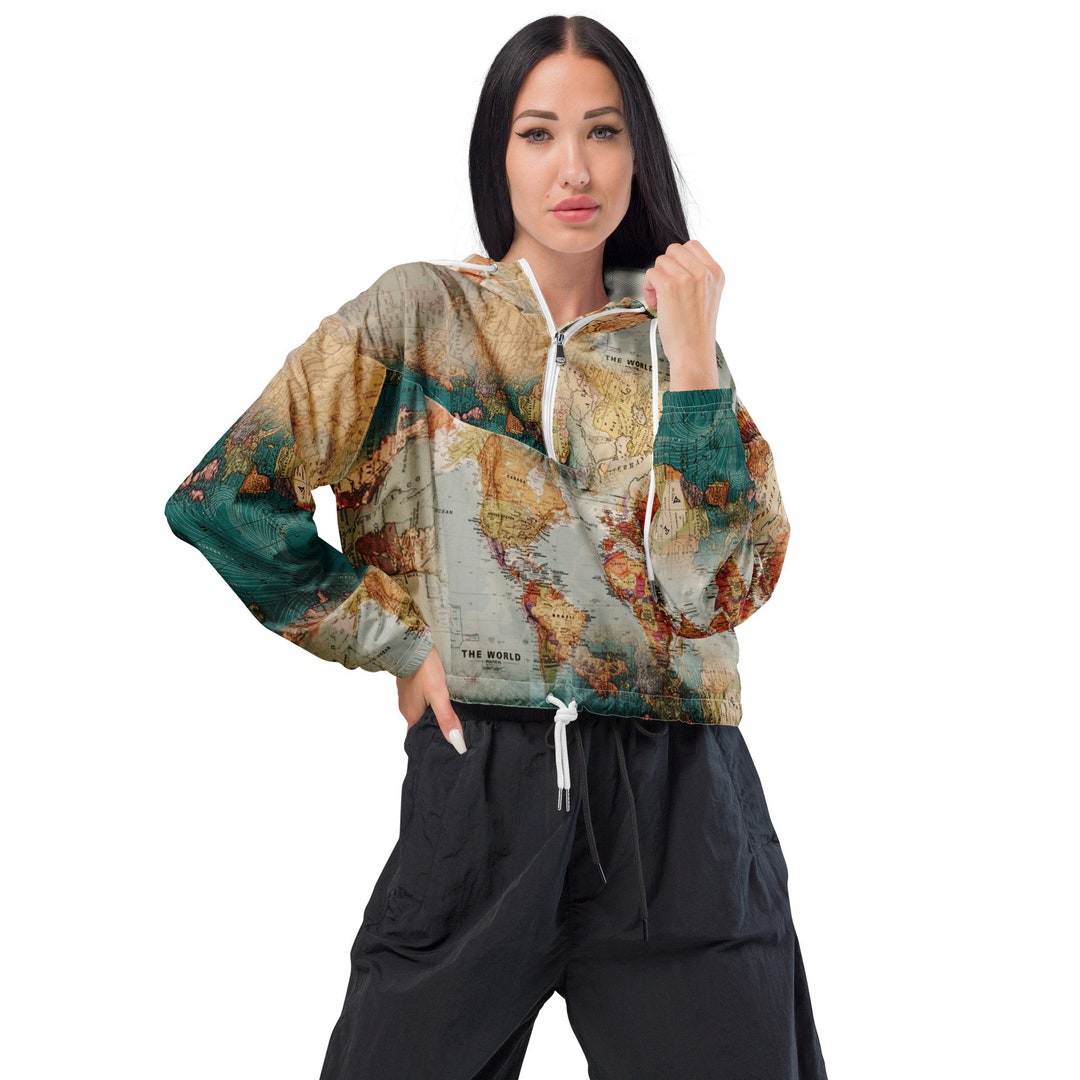 World Map Print Cropped Windbreaker, AOP Map of the World Y2K Fashion ...
