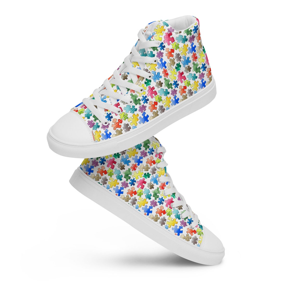 Jigsaw Puzzle Pieces Printed Men's High-top Canvas Shoes, Unique ...