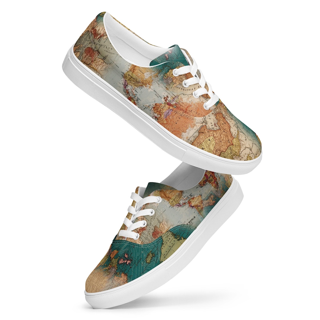 World Map Printed Lace-up Sneakers Women, Low-top Wanderlust Summer ...