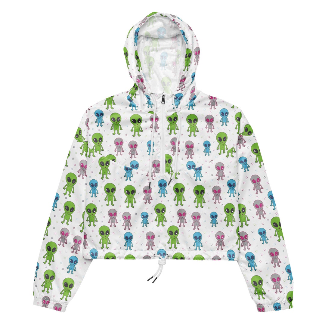Aliens Sci Fi Print Cropped Windbreaker Women, Stylish UFO AOP Zip-up ...