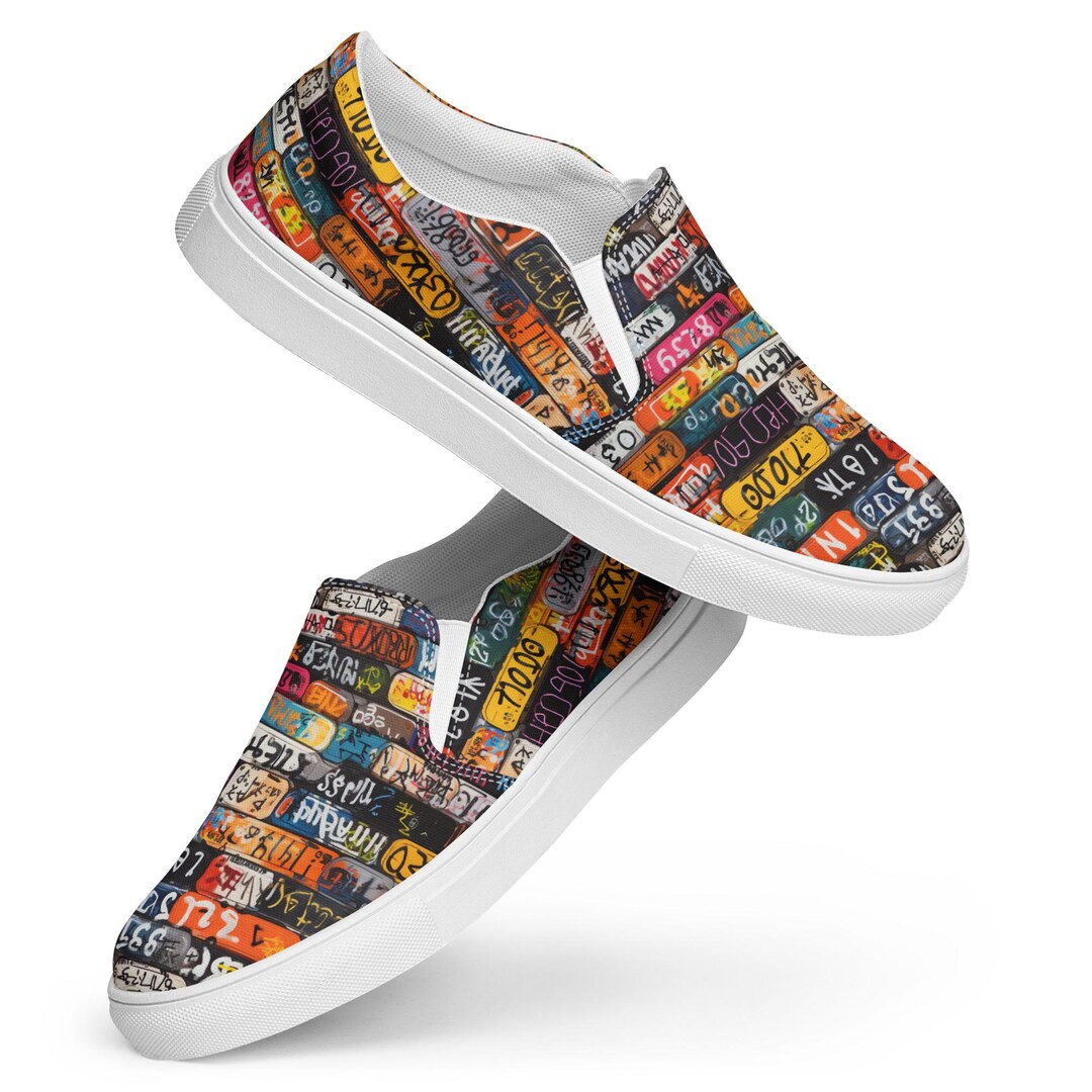 Street Graffiti License Plates Canvas Shoes Mens, AOP Streetwear Slip ...