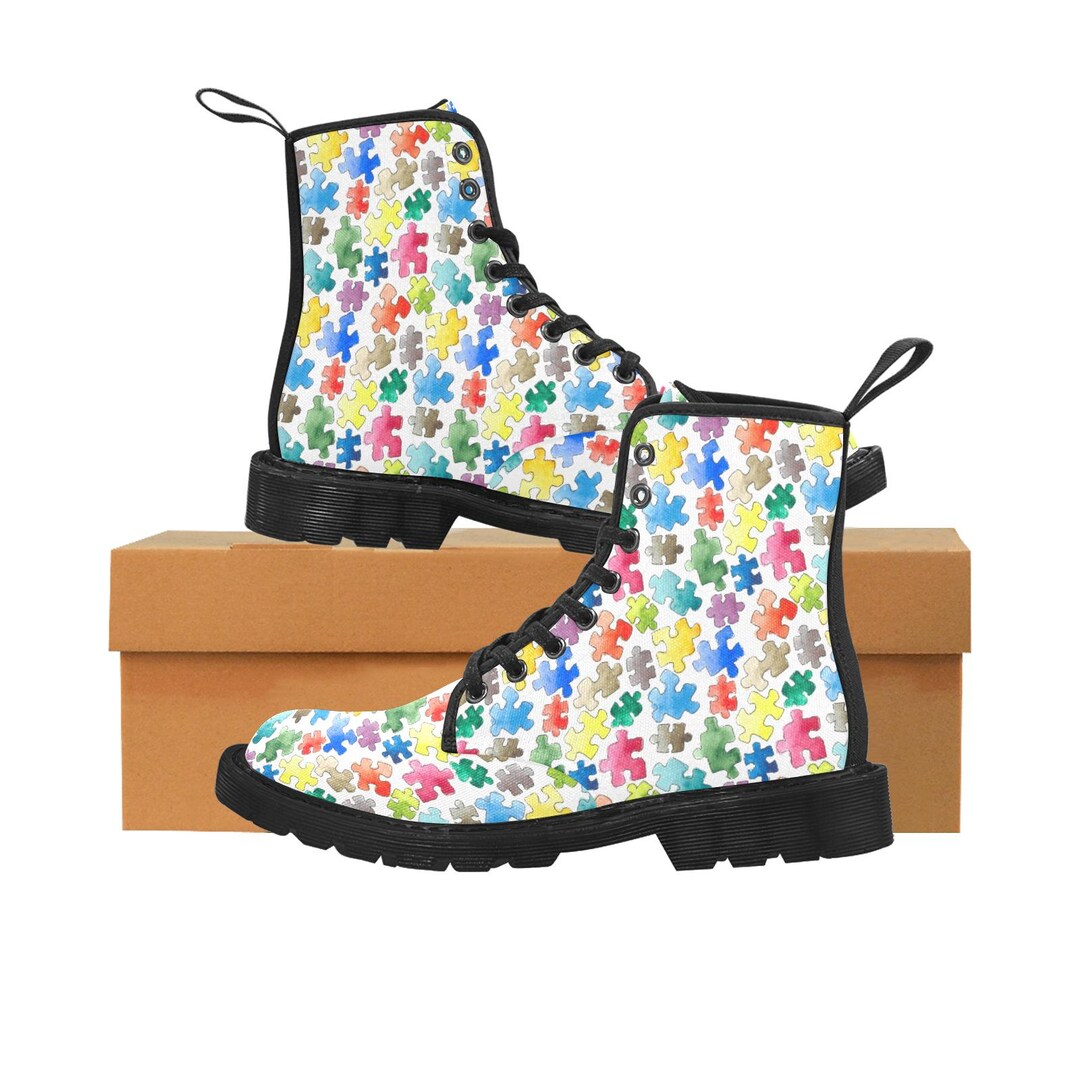 Jigsaw Puzzle Pieces Canvas Boots Women, Casual Lace-up Boots Shoes ...