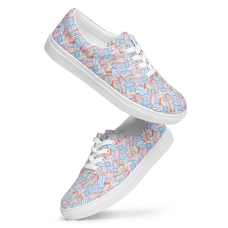 Passport Stamps Printed Lace-up Sneakers Women, Low-top Wanderlust ...