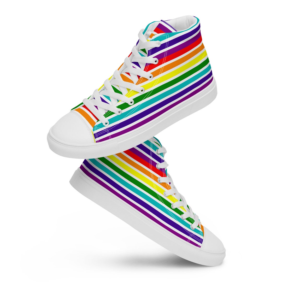 Women's Rainbow Striped Pride Flag Sneakers, Lace up High Top Canvas ...