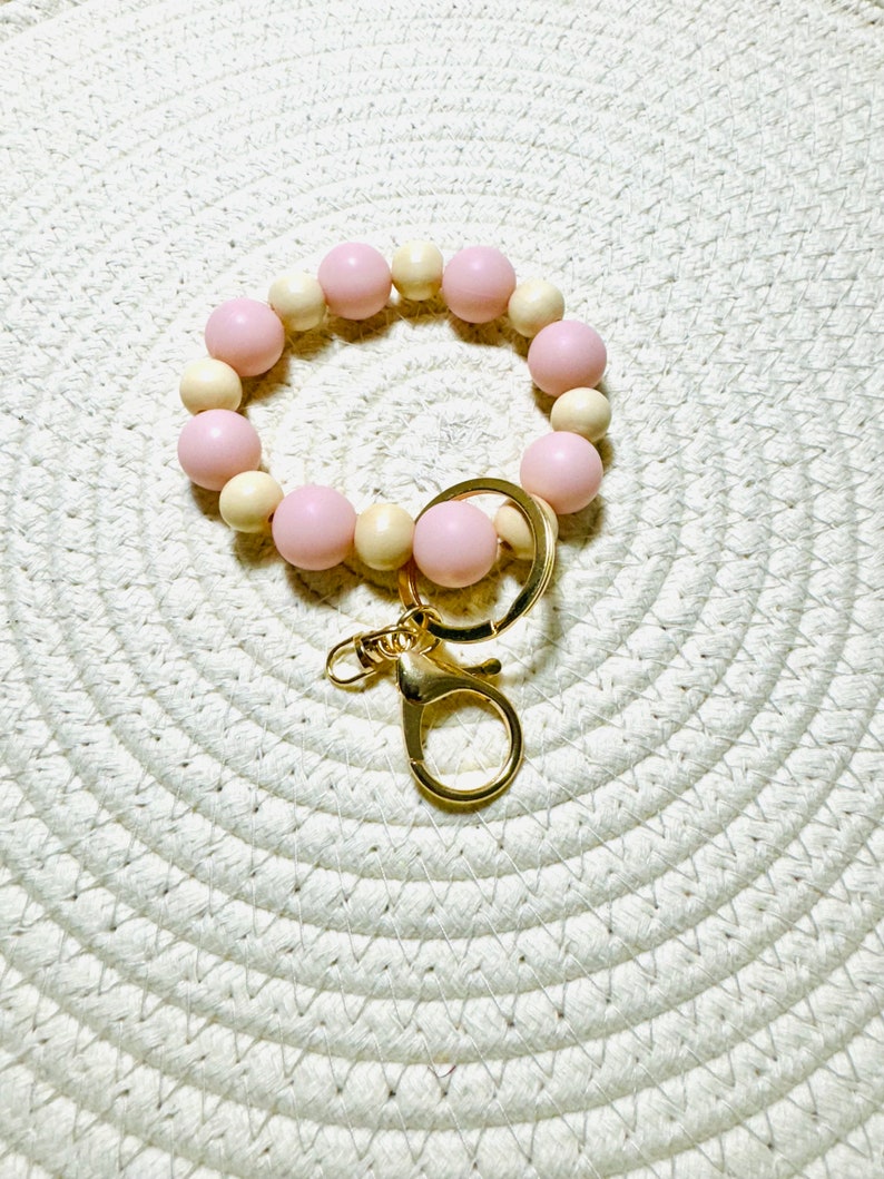 PINK Beaded Wristlet Keychain, Silicone Wristlet, Bracelet Key Ring ...