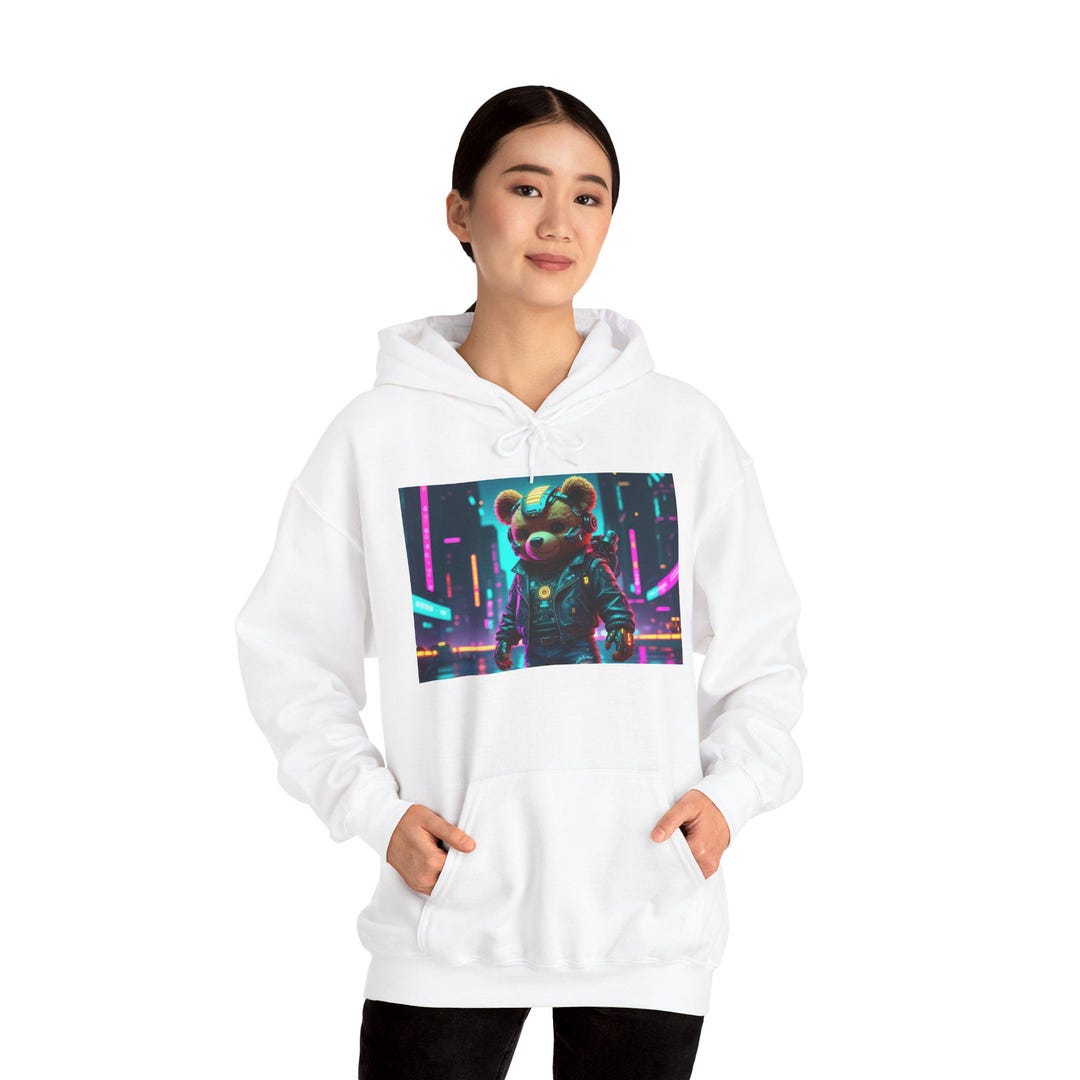 Cyberpunk Teddy Bear Hoodie | Neon City Bear Illustration - Etsy