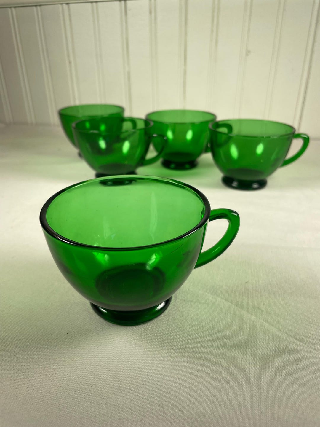 Vintage 50s Forest Green Glass Tea Cups - Set of 5 Anchor Hocking Mugs ...
