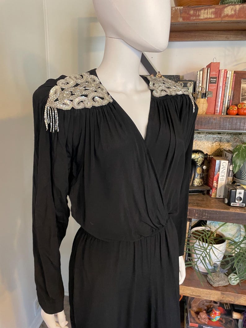 Vintage 80s Carol Anderson Beaded Shoulder Jumpsuit Black Rayon Made in ...