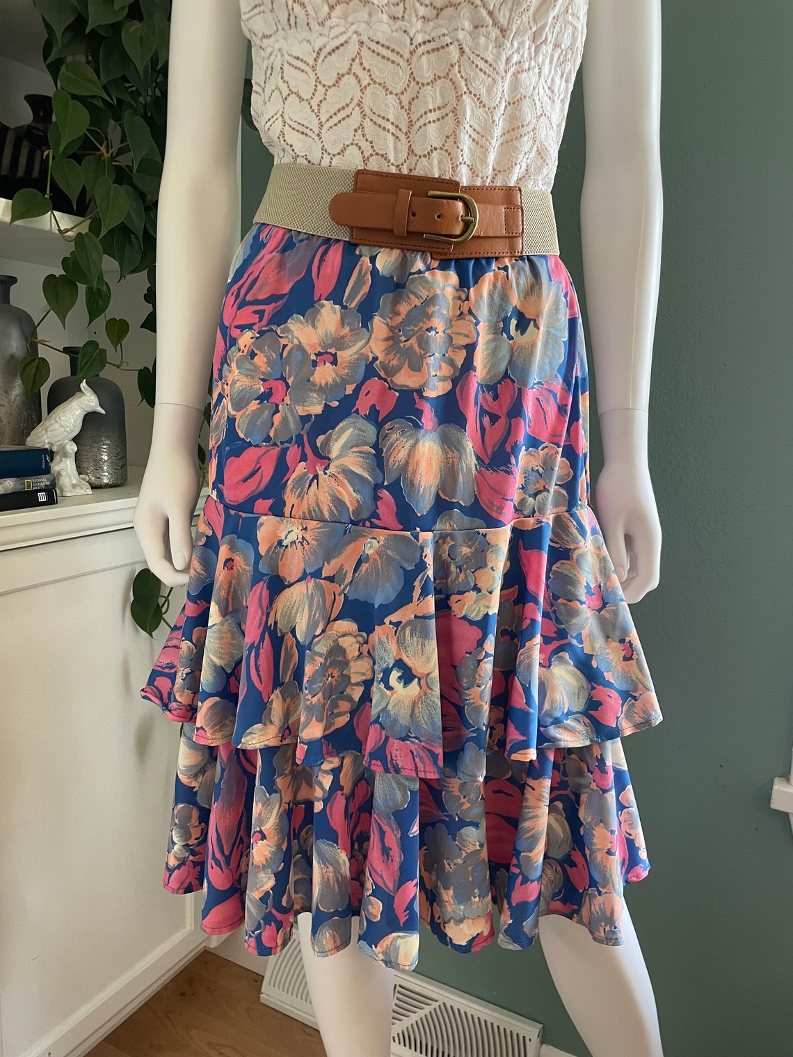 Pretty Tiered Floral Skirt Small 4 to 6 Blues Pinks 80s Ruffled Pastels ...