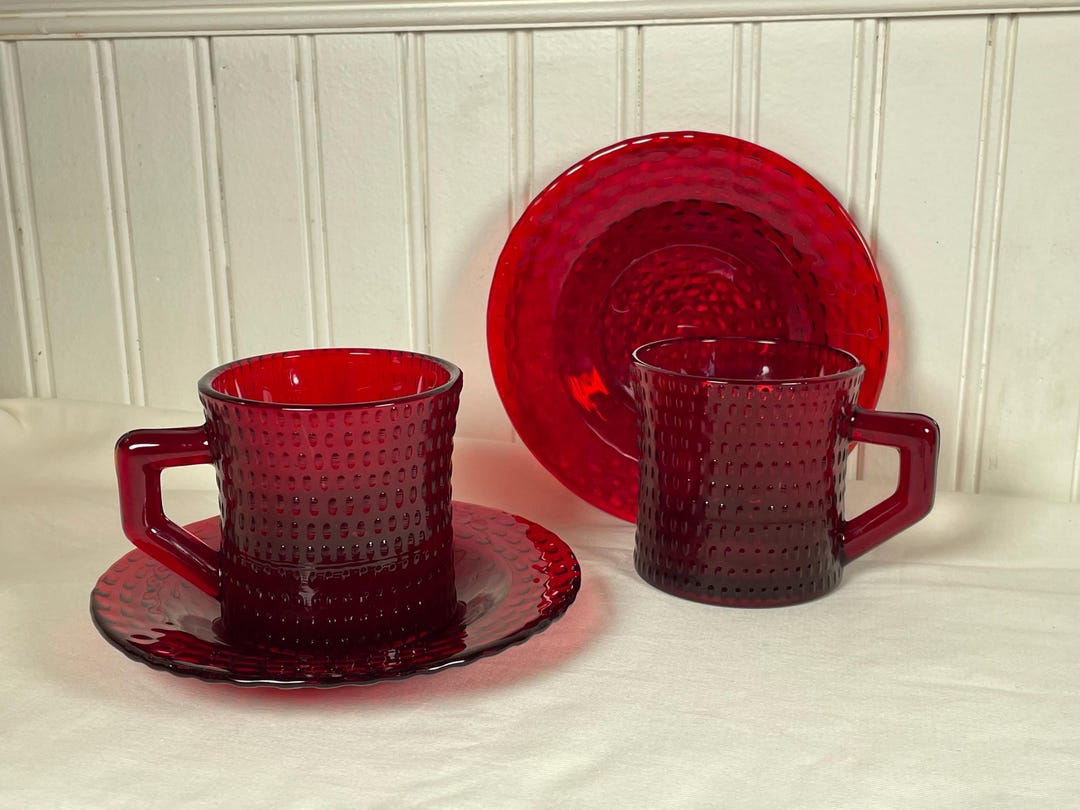 Vintage 50s Anchor Hocking Royal Ruby Red "bubble" Glass 2 Cup & Saucer ...