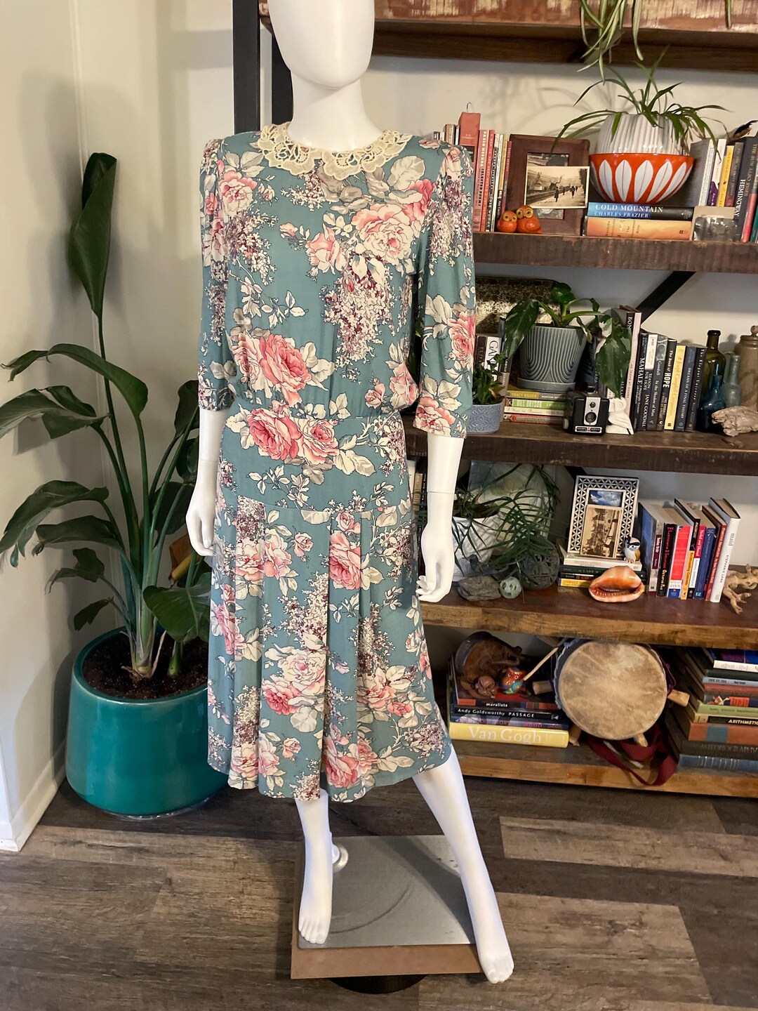 Vintage 80s 90s Michelle Stuart Petite Floral Midi Dress Romantic Drop ...