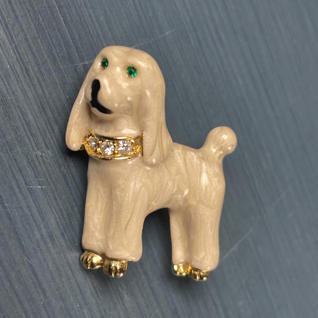 Vintage 60s 70s Cream Enamel Poodle Brooch | Rhinestone Collar & Green ...
