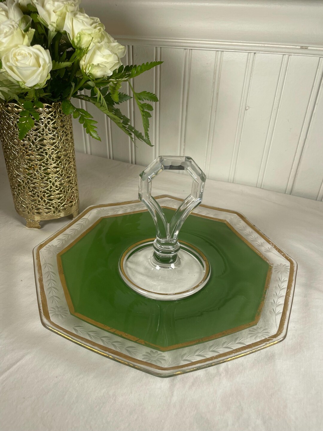 Vintage Green Glass Tidbit Tray With Gold Trim | Etched Floral Candy ...