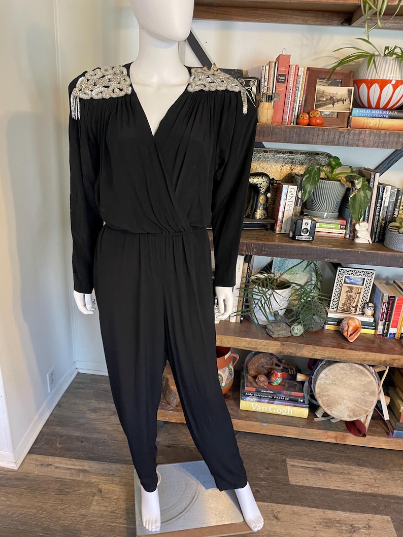 Vintage 80s Carol Anderson Beaded Shoulder Jumpsuit Black Rayon Made in ...