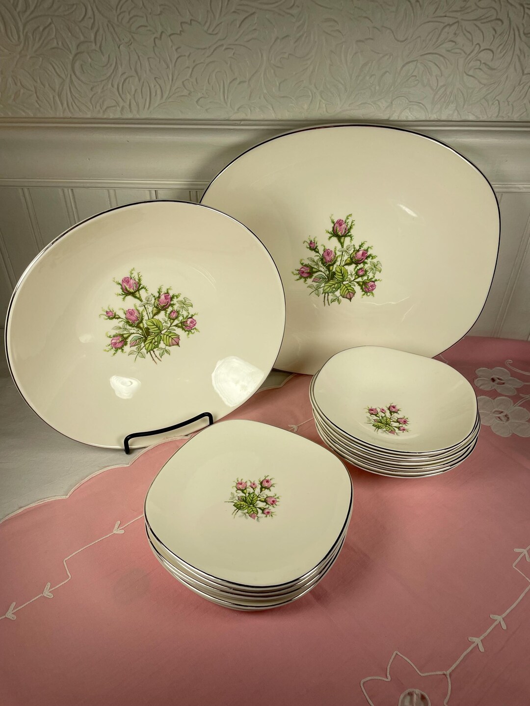 Vintage 50s Moss Rose Ceramic 14 Piece Serving Set Edwin Knowles ...