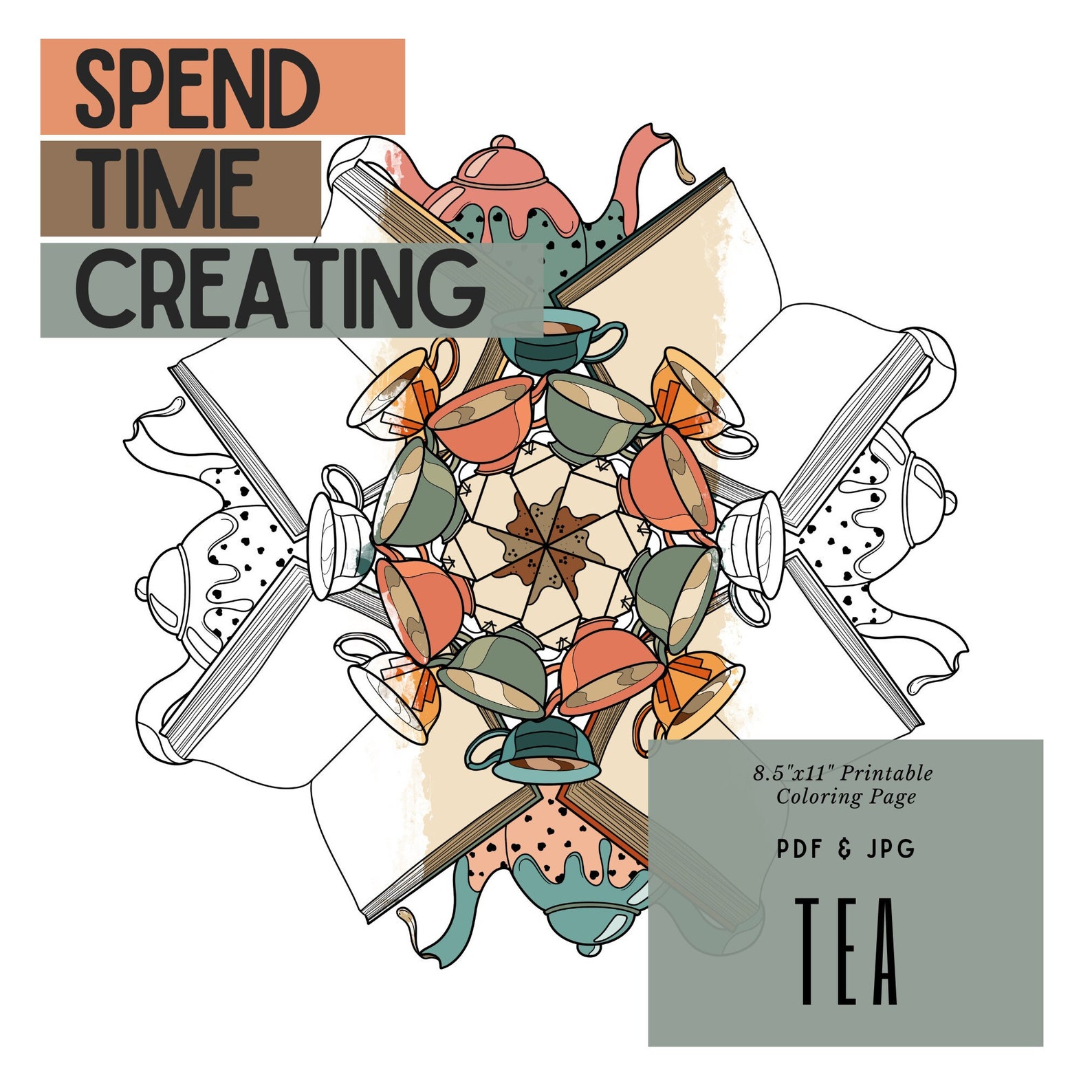 Printable Tea Coloring Page, Mandala, 8.5"x11", JPG & PDF - Etsy