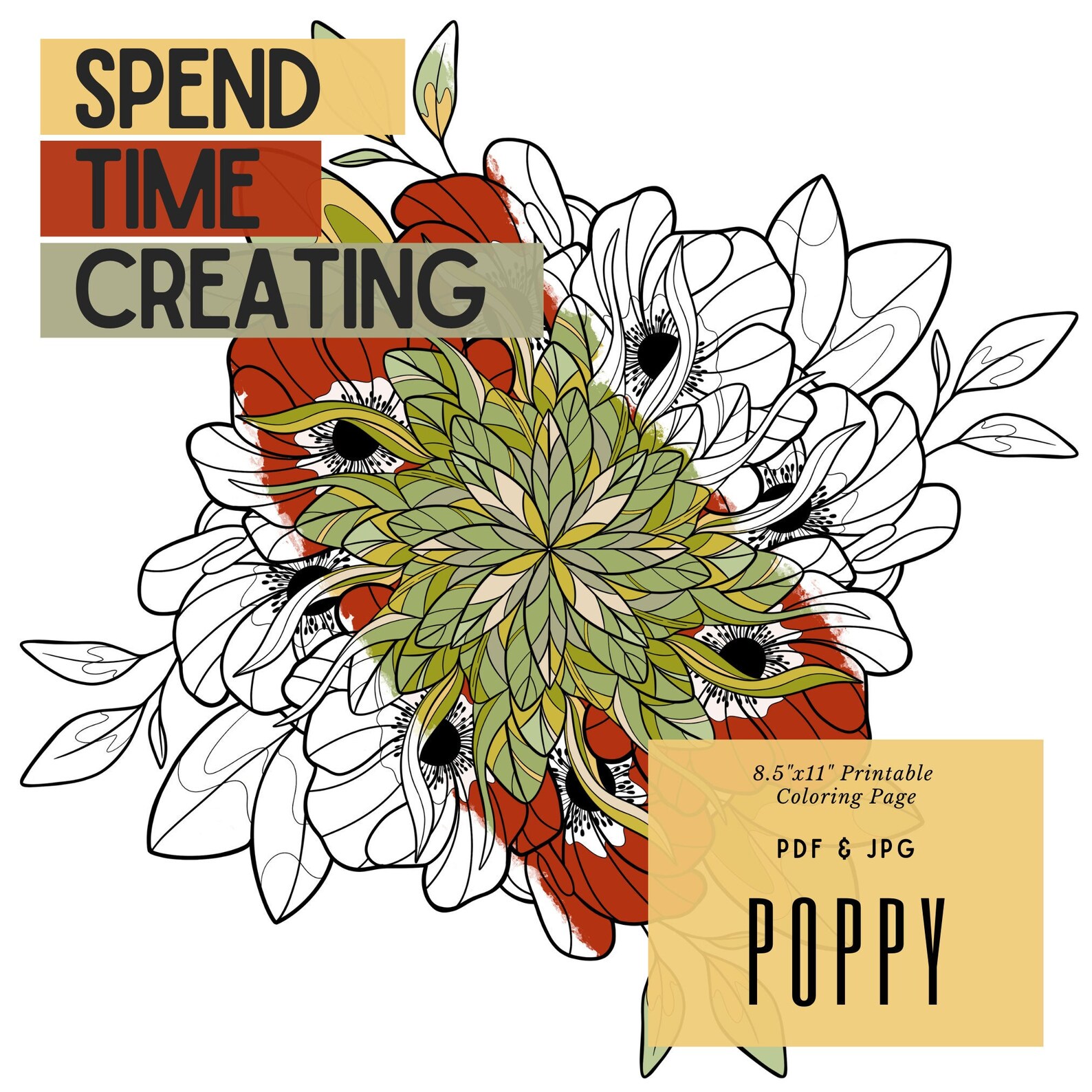 Printable Floral Poppy Coloring Page, Mandala, 8.5"x11", JPG & PDF - Etsy