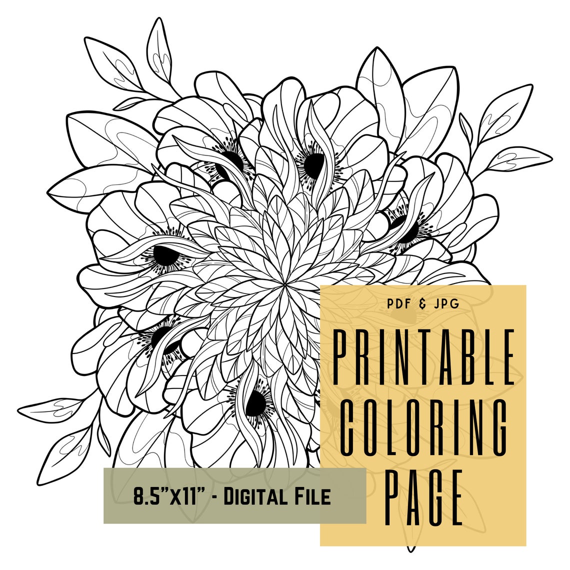 Printable Floral Poppy Coloring Page, Mandala, 8.5"x11", JPG & PDF - Etsy