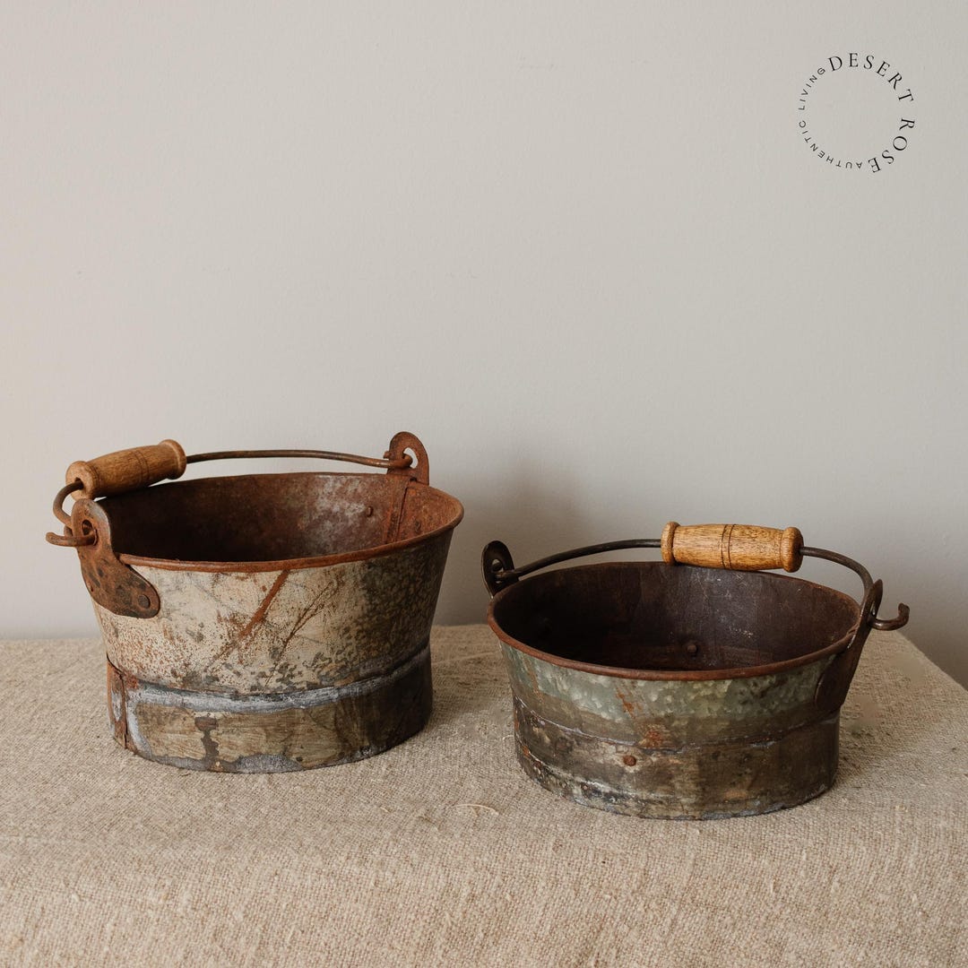 Vintage Zinc Buckets Set of Two, Rustic Metal Planters, Antique Style ...