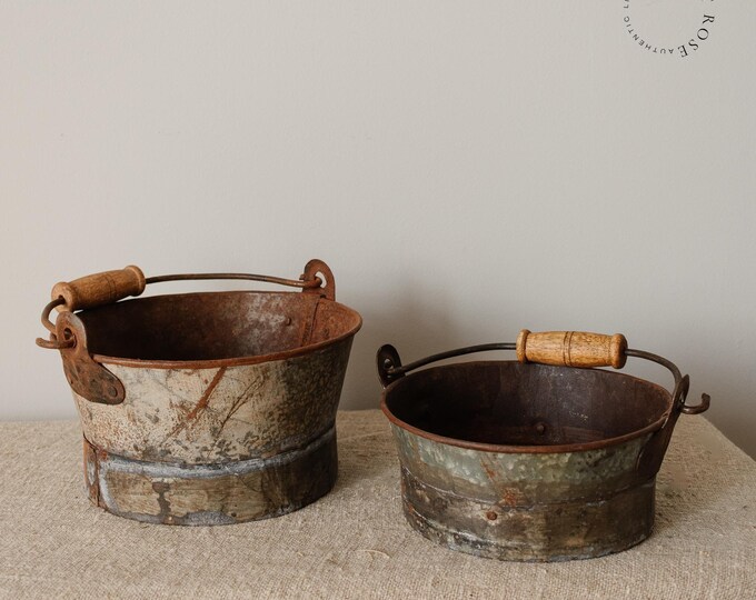 Vintage Zinc Buckets Set of Two, Rustic Metal Planters, Antique Style ...