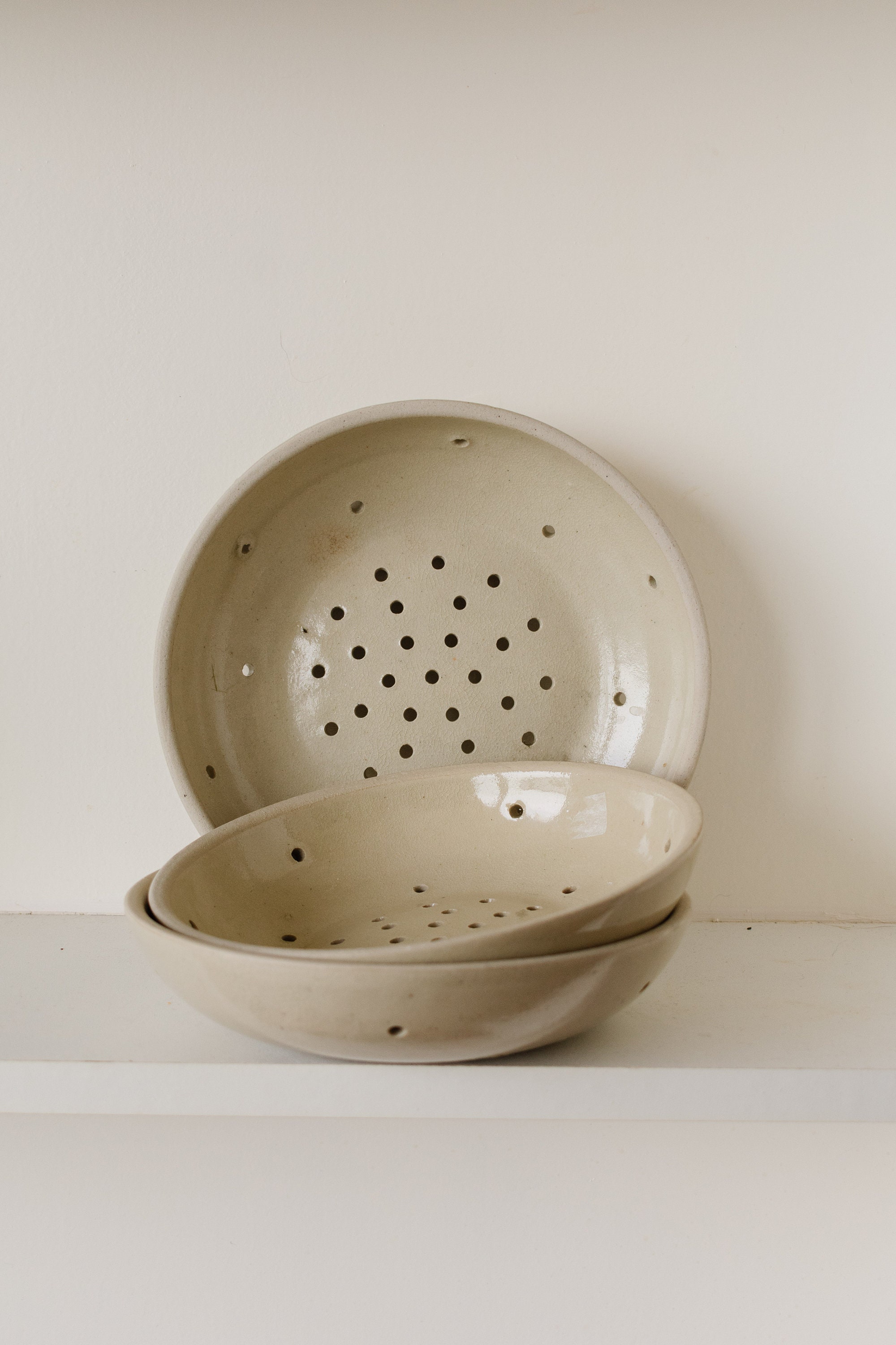 Vintage French Stoneware Fruit Strainer, Beige Glazed Stoneware, French ...