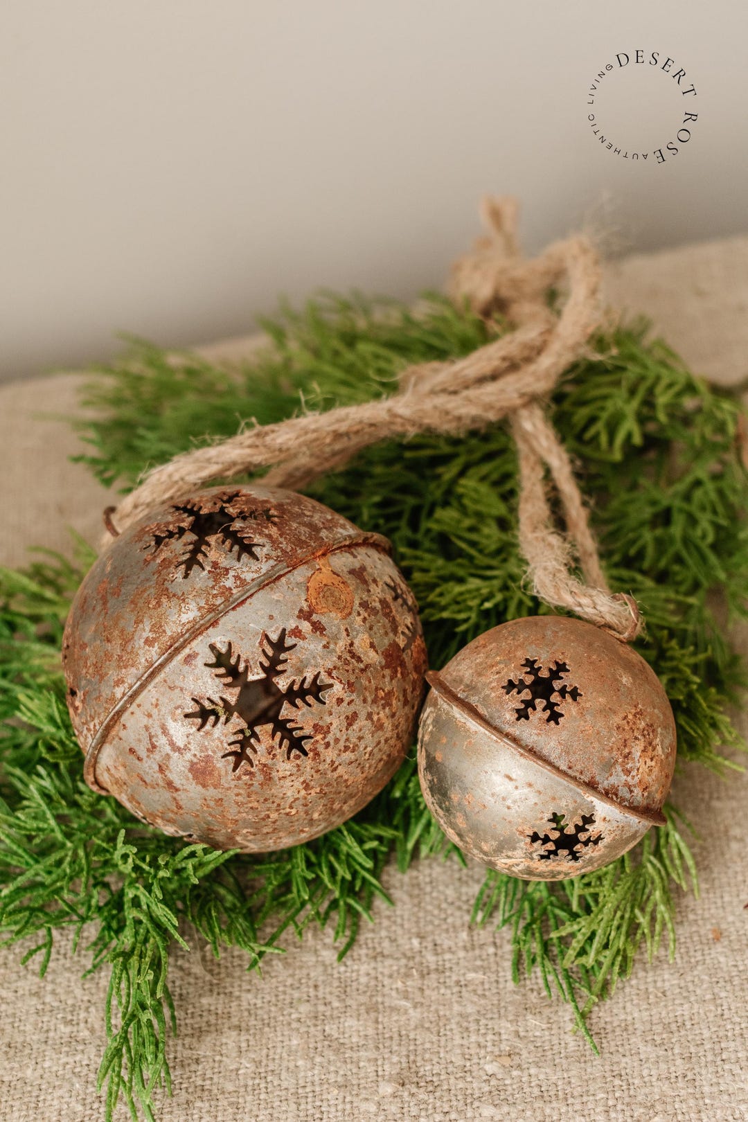 Rustic Metal Holiday Bell Decoration With Jute Cord, Vintage Weathered ...