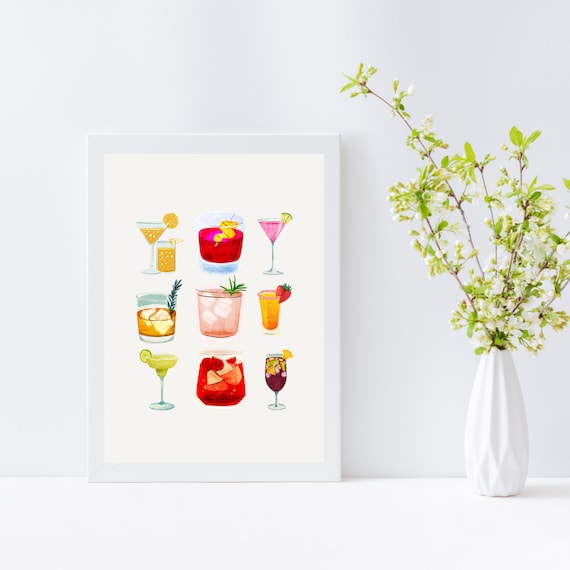 Bar Cart Print Cocktail Drawings Bar Cart Digital Print - Etsy