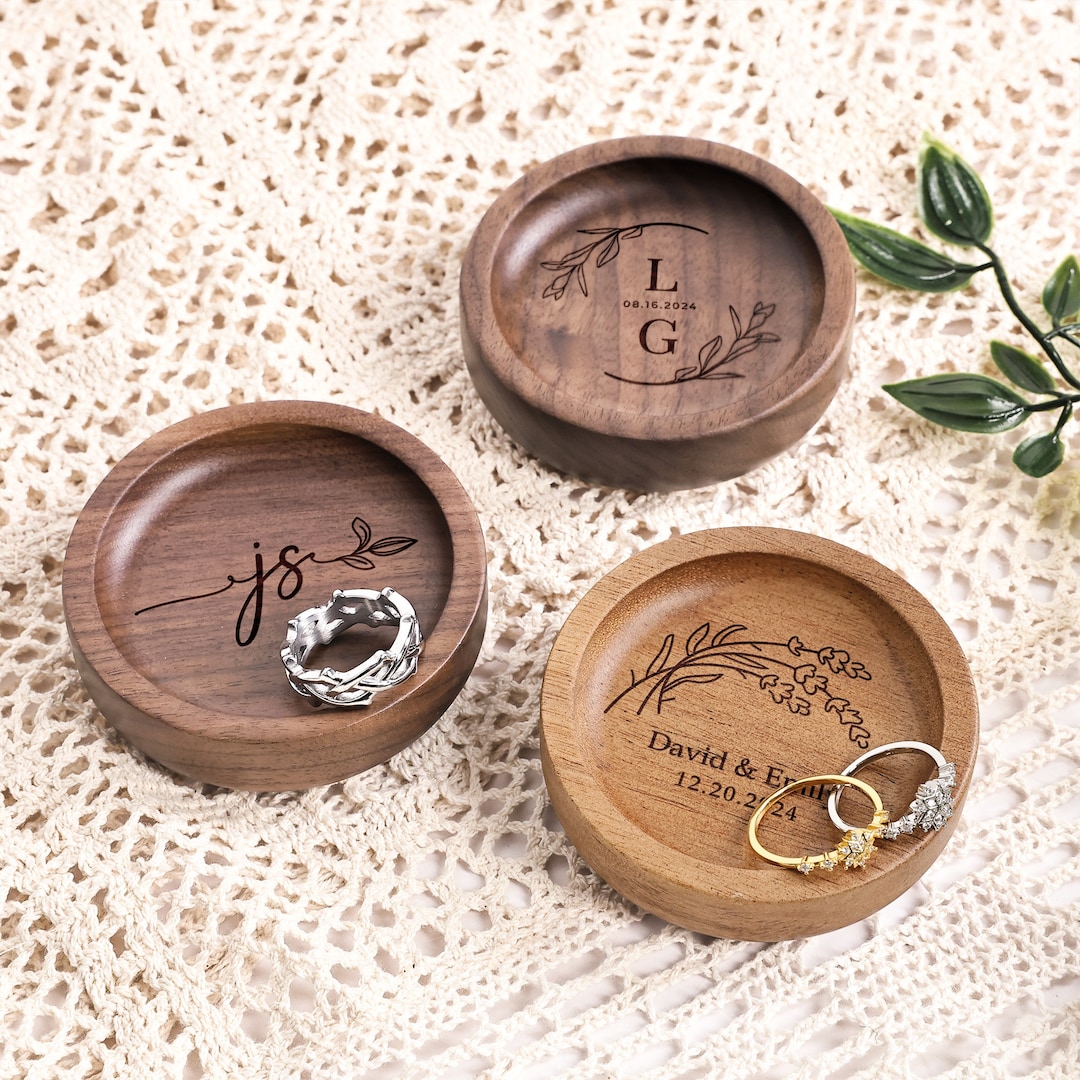 Personalized Wooden Ring Dish, Custom Round Wood Ring Dish, Engagement ...