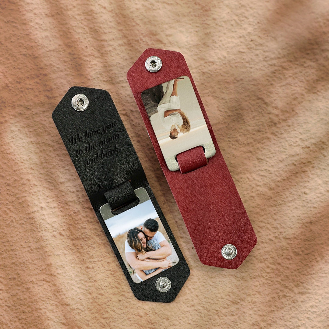 Personalized Leather Photo Keychain Fathers Day Custom Text - Etsy