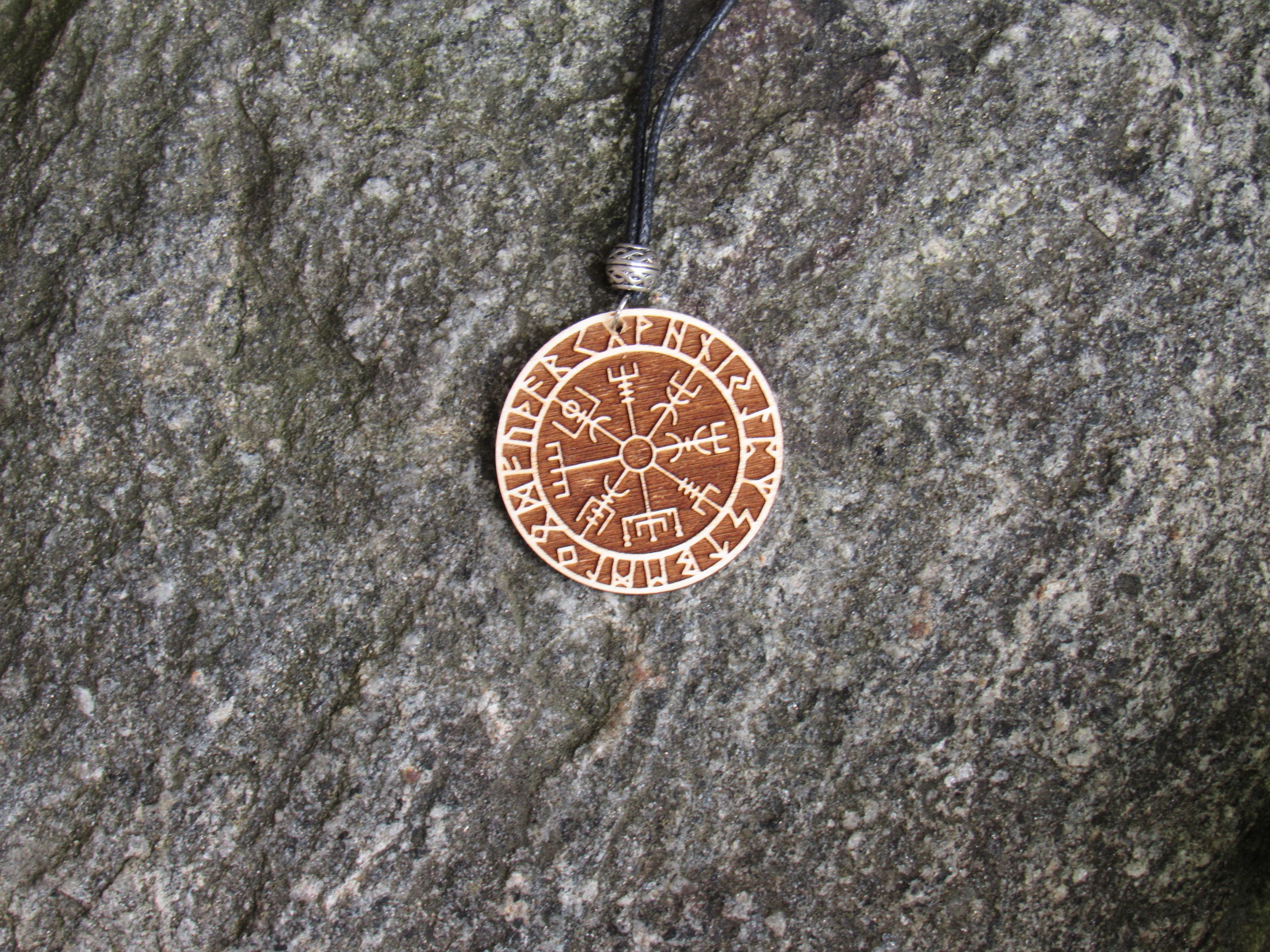 Nordic Compass Pendant, Wooden, Laser Engraved, Adjustable Waxed Black ...