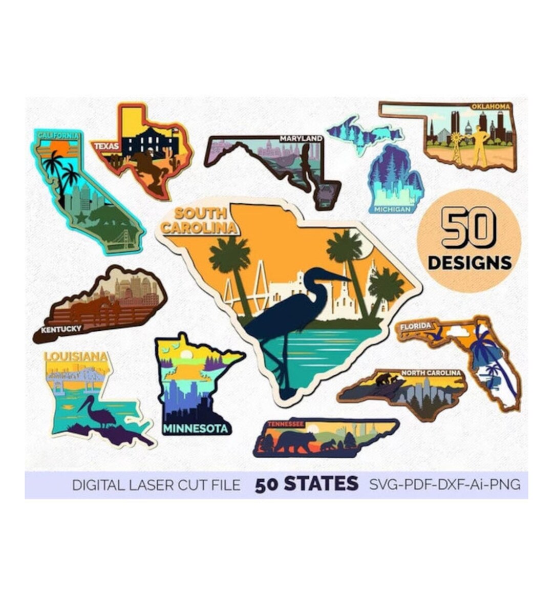 50 American States United States Map DIY Project Laser Cut Files Bundle ...