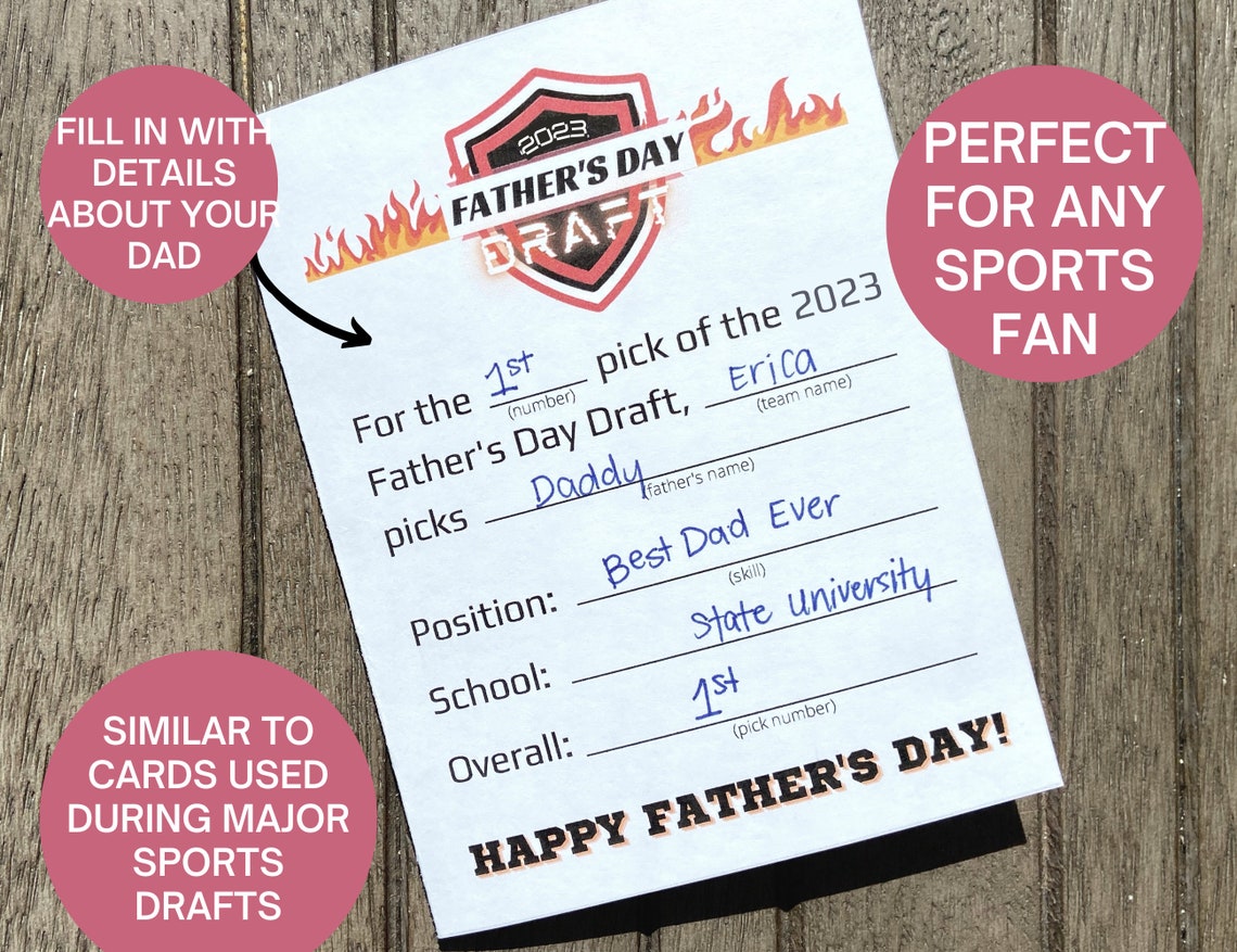Sports Dad Father's Day Card Printable Draft Selection Card for ...
