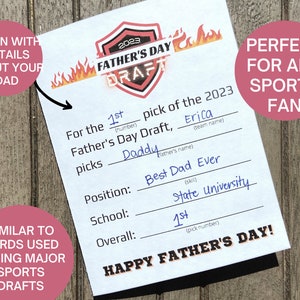 Sports Dad Father's Day Card Printable Draft Selection Card for ...