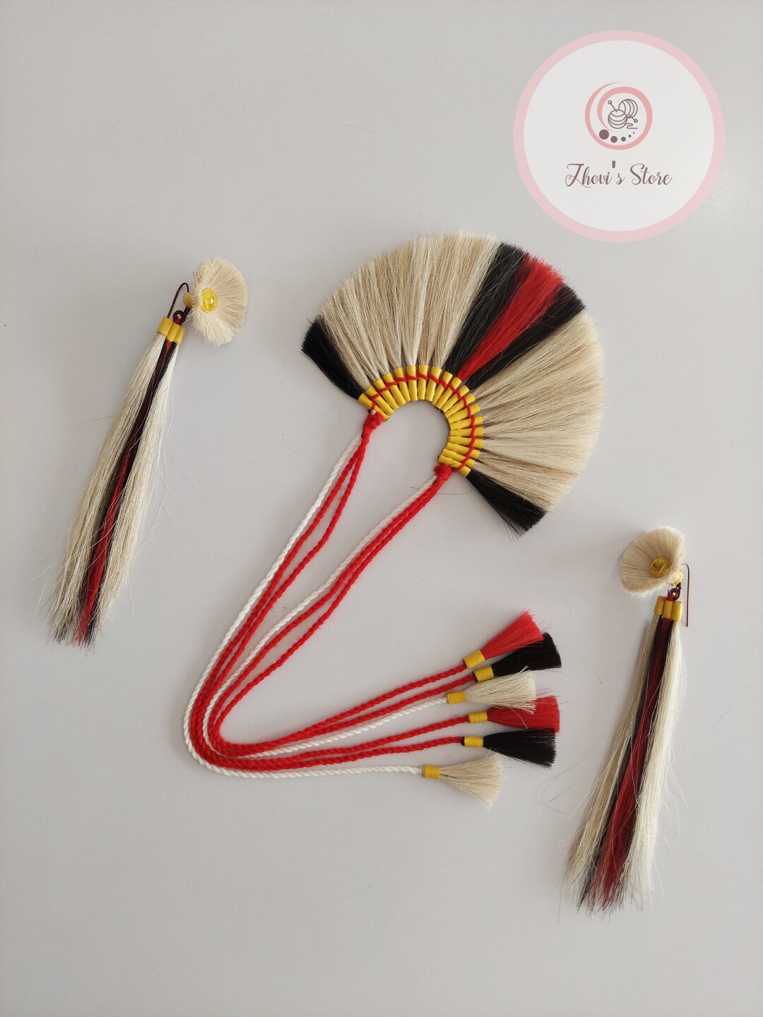Angami Lora Mhoushü Tribal Tassel Earring and Headgear Set_ Made of Yak ...