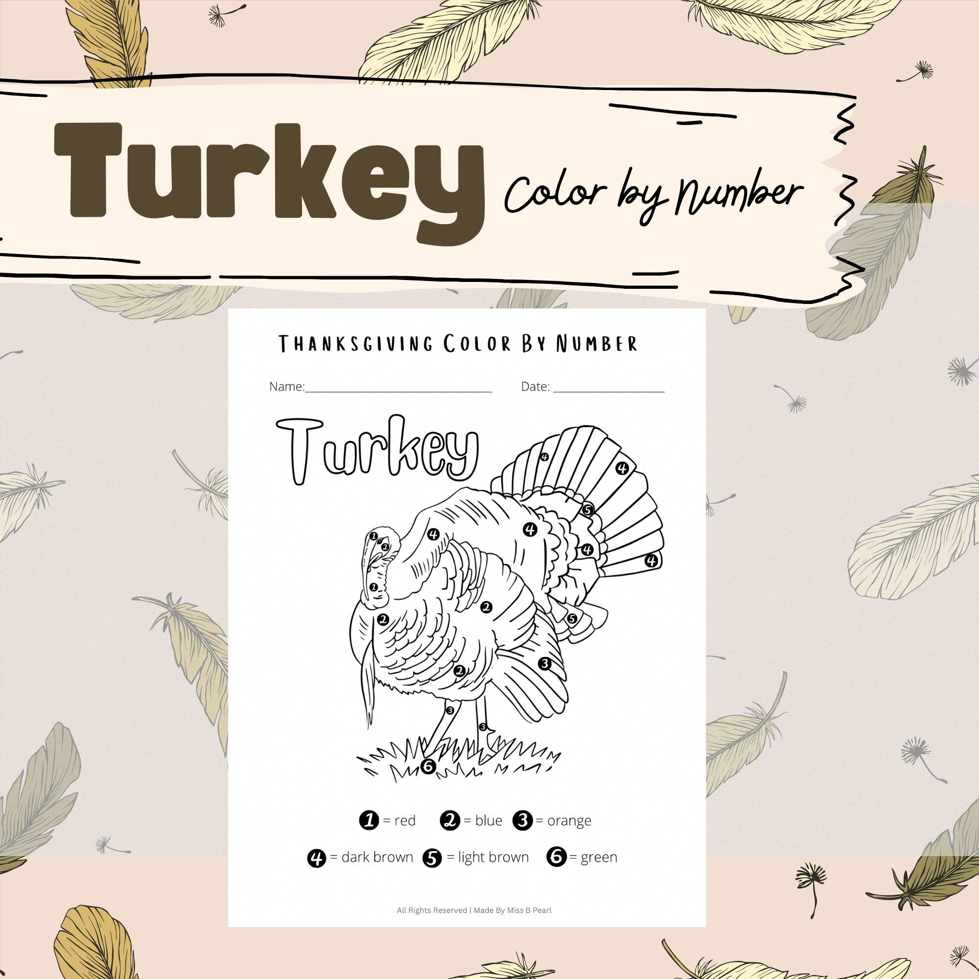 Turkey Color by Number Worksheet | Thanksgiving Activity | Art Activity ...