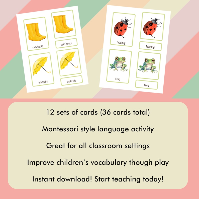 Spring Vocabulary 3 Part Cards | Montessori Language Cards | Matching ...