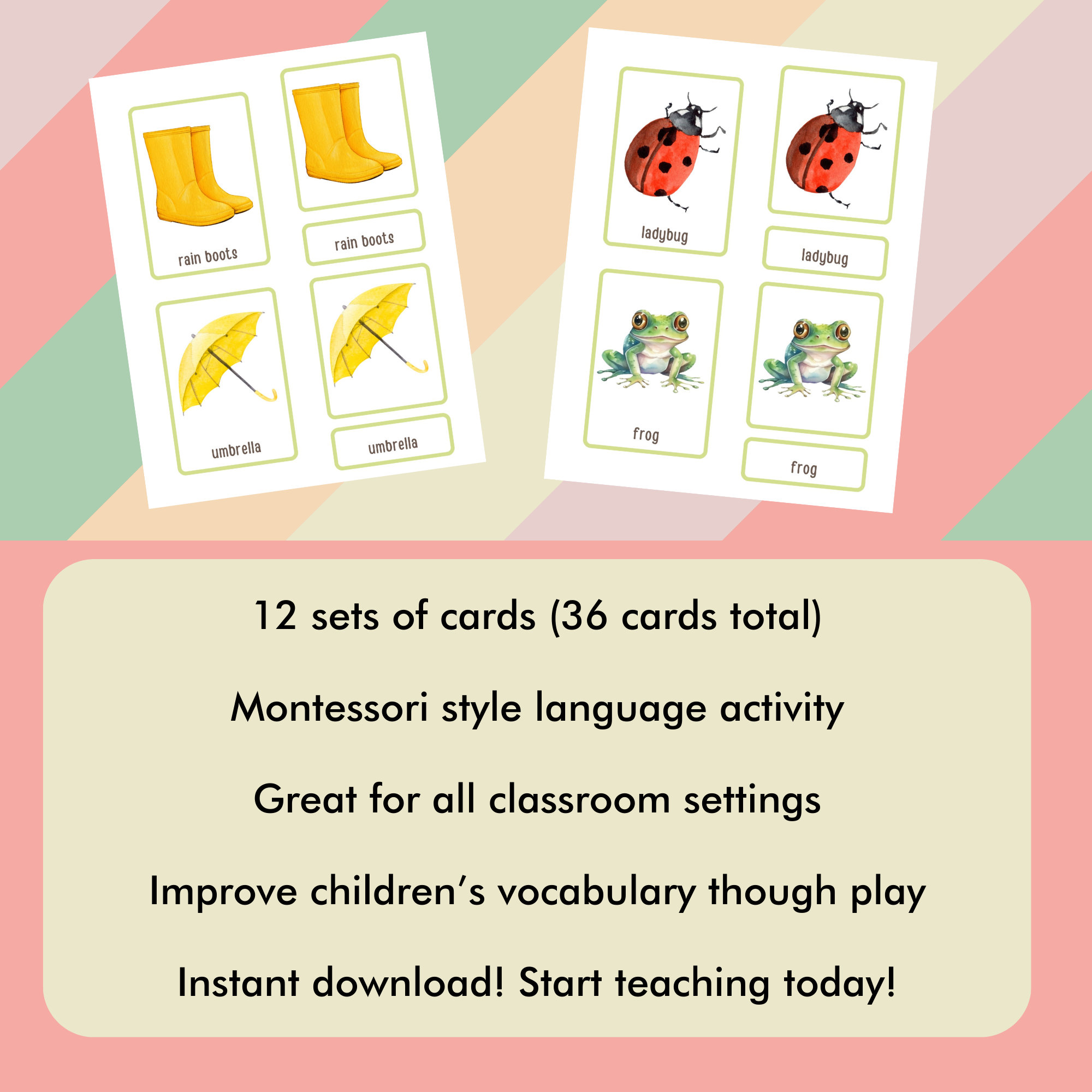 Spring Vocabulary 3 Part Cards | Montessori Language Cards | Matching ...