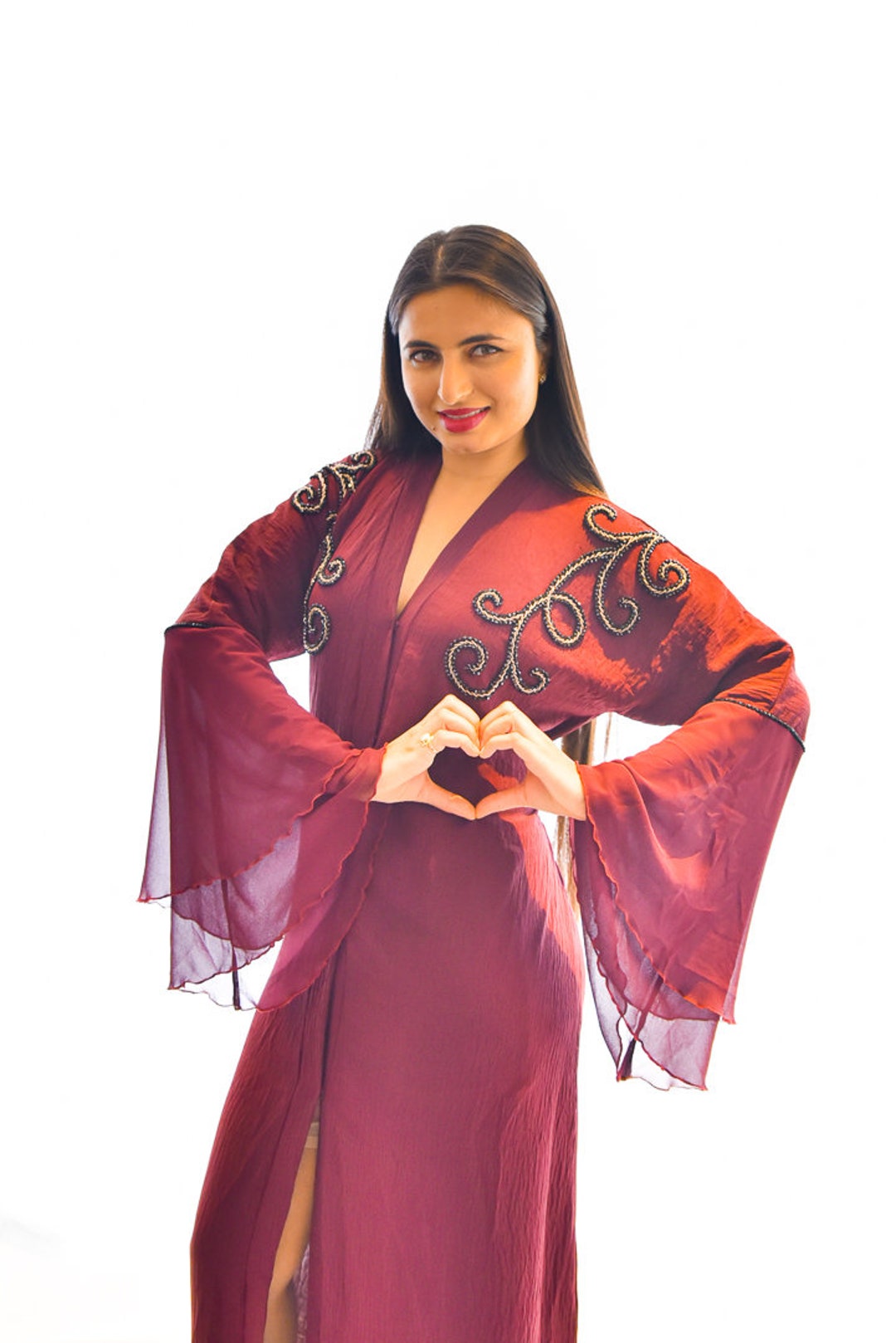 Kai Burgundy Red Robe Black & Gold Beaded Kimono Flared - Etsy