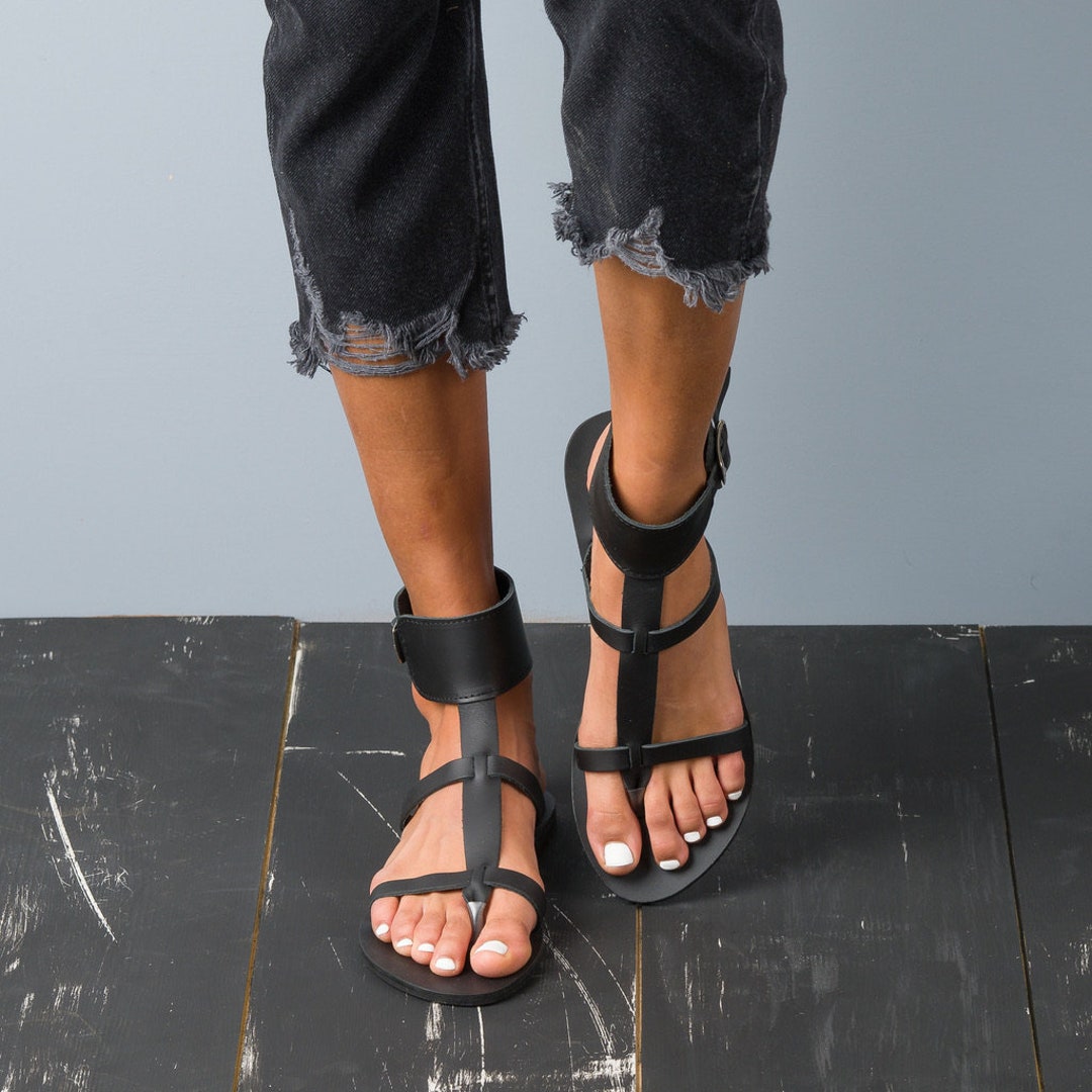 Ankle Cuff Sandals Greek Leather, Roman Sandals, Black Sandals, Women ...
