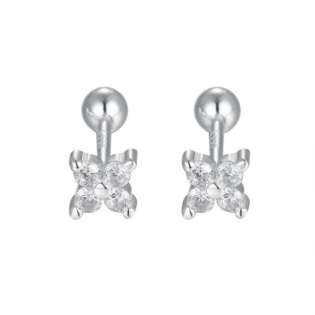 Kids Tiny Silver CZ Screw-back Flower Earrings Small Sparkly Cubic ...
