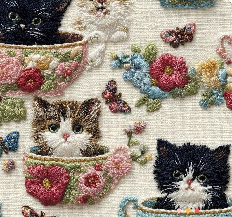 Cat & Floral Teacup Printed Fabric – 3D Embroidery Effect Microfiber - Etsy