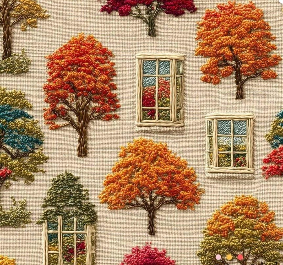 Autumn Trees Windows Fabric, 3D Embroidery Effect, Upholstery ...