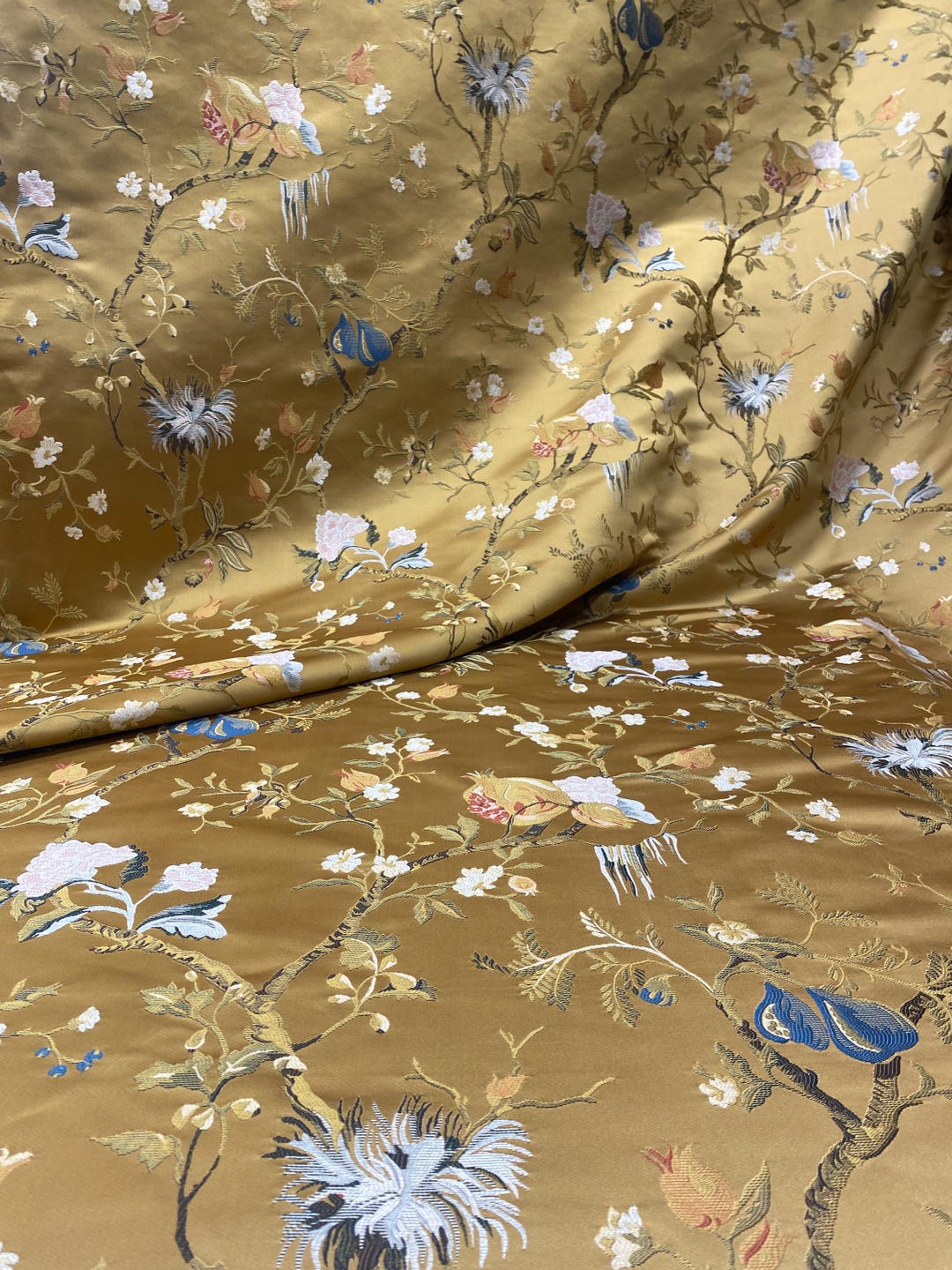 Golden Chinoiserie Brocade Upholstery Fabric, Jacquard Pomegranate ...